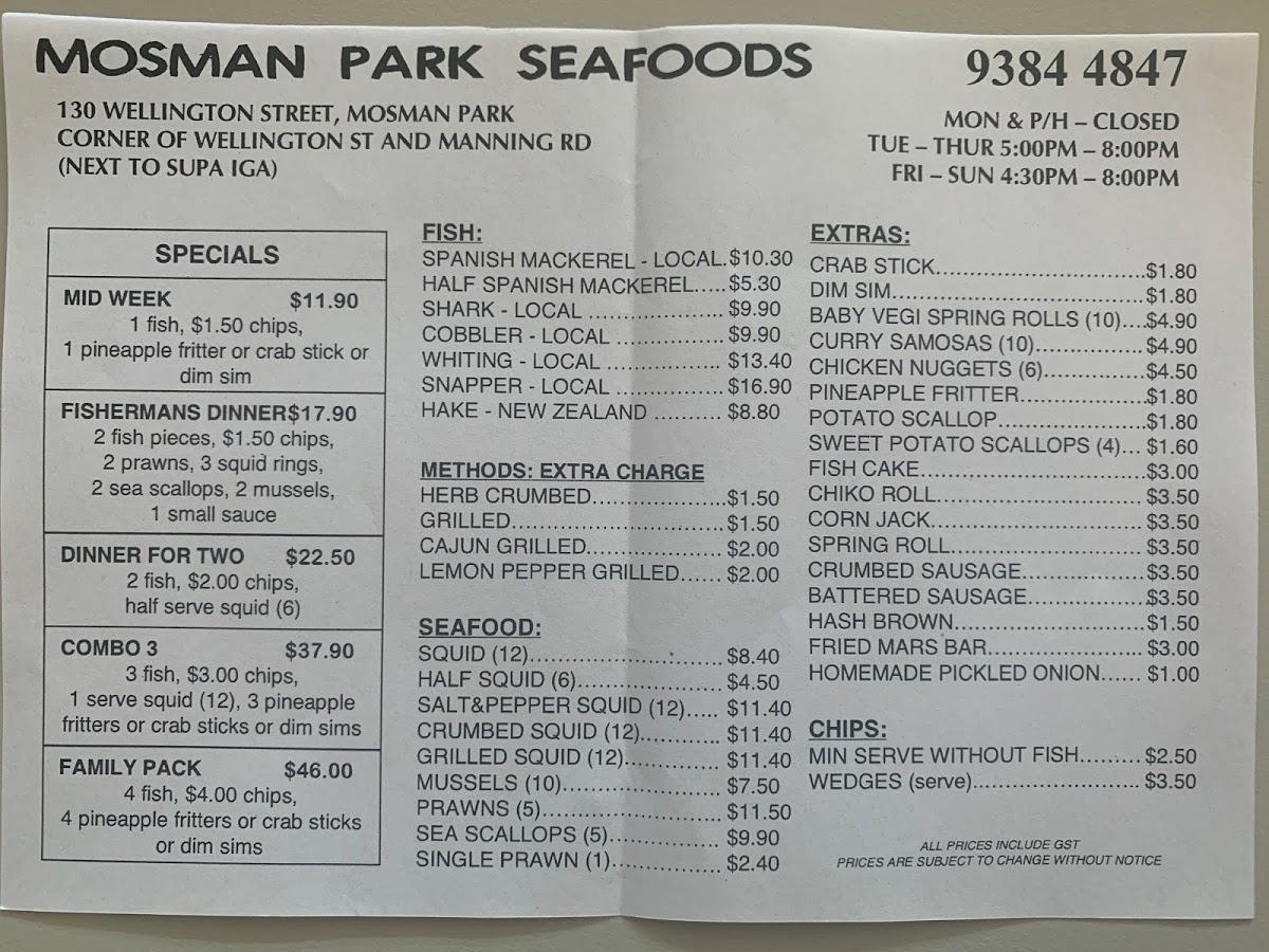 Menu at Mosman Park Seafoods restaurant, Mosman Park