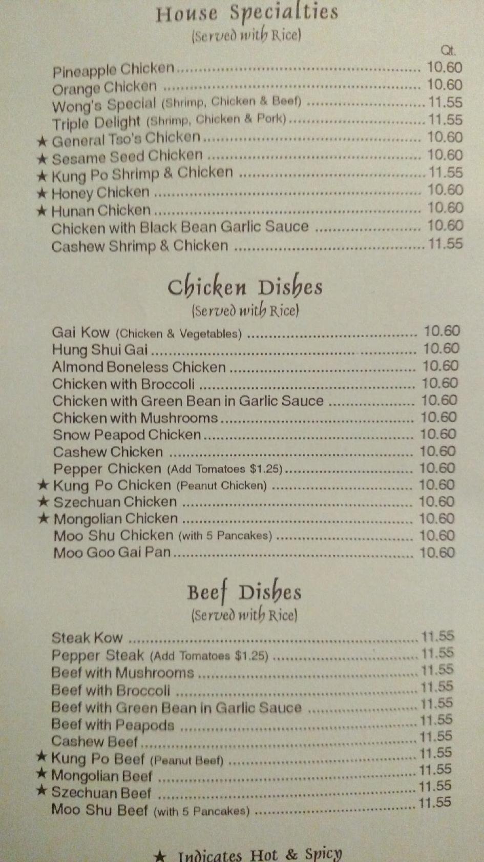 Menu at Wong's Garden fast food, Troy