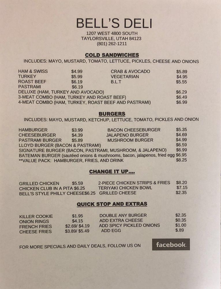 Menu at Bell's 48th Street Deli restaurant, Taylorsville
