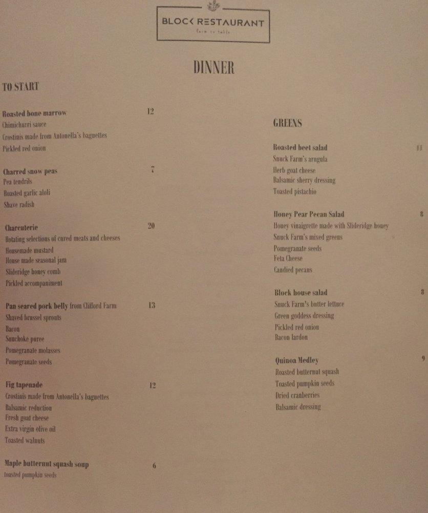 Carta de Block Restaurant, Provo