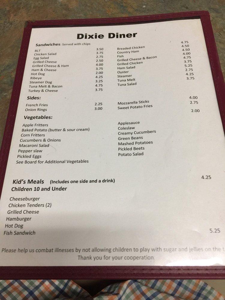 Menu at Dixie Diner restaurant, Smithsburg