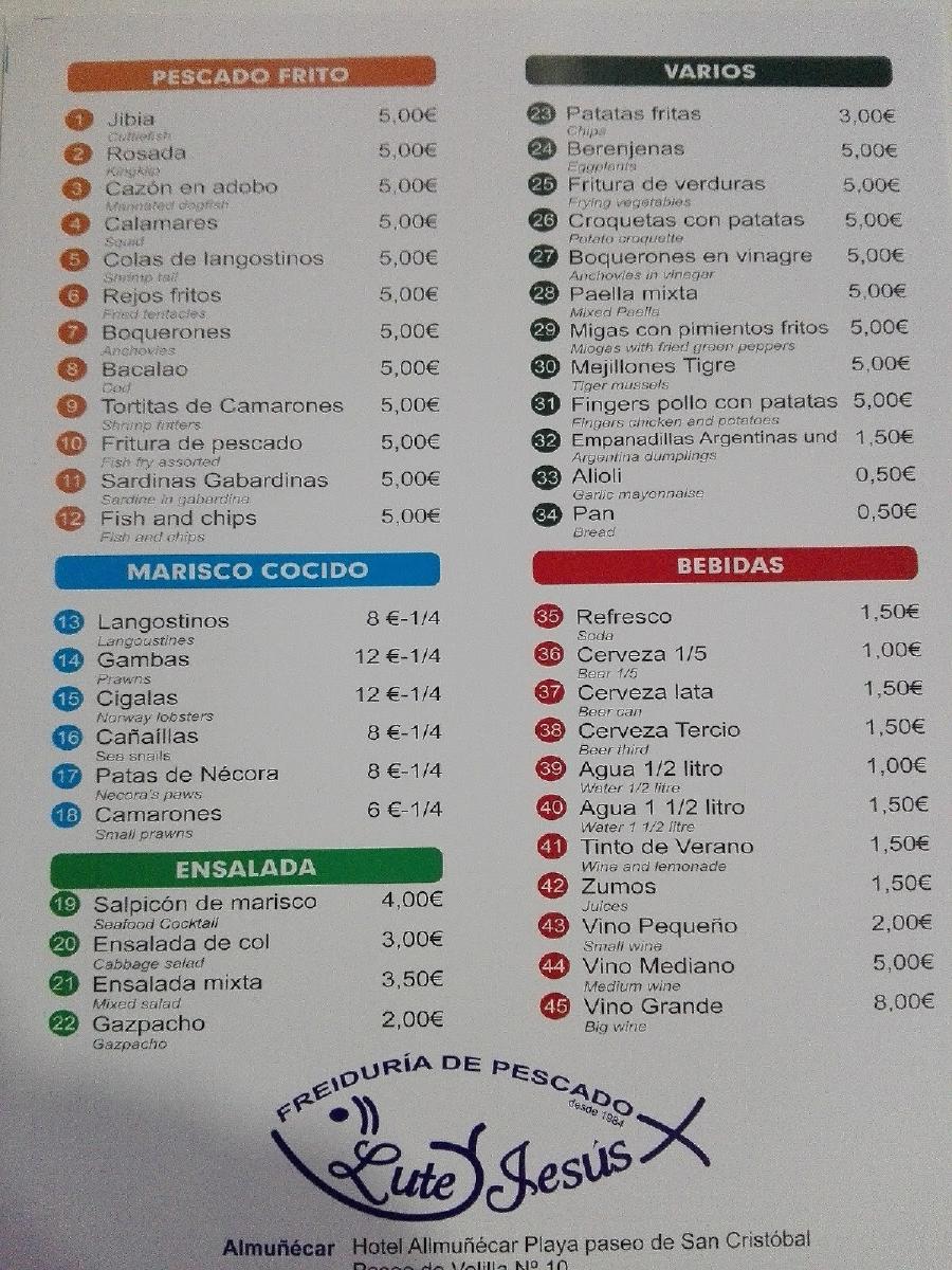 Menu at Freiduría Lute y Jesús Torrenueva Costa restaurant, Torrenueva