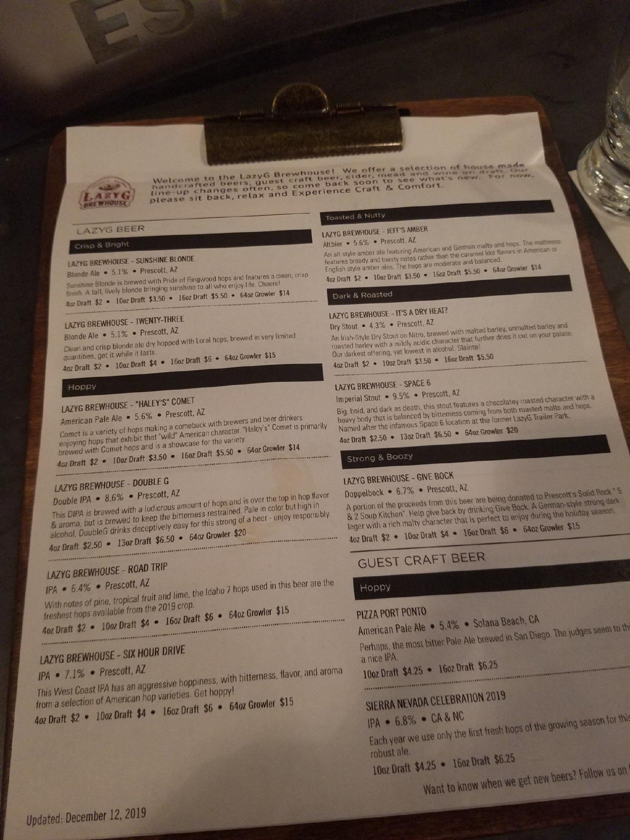 Menu at LazyG Brewhouse pub & bar, Prescott