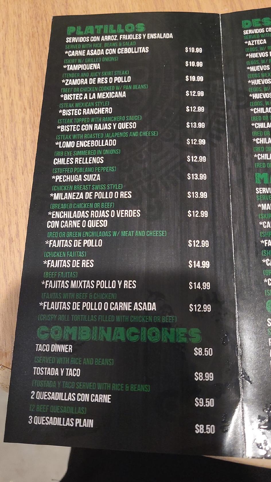 Menu at Restaurante Azteca Jalisco, Chicago