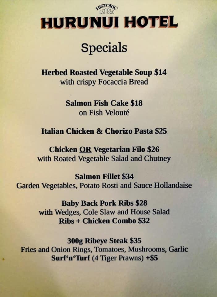 Menu at The Hurunui Hotel cafe, Hurunui