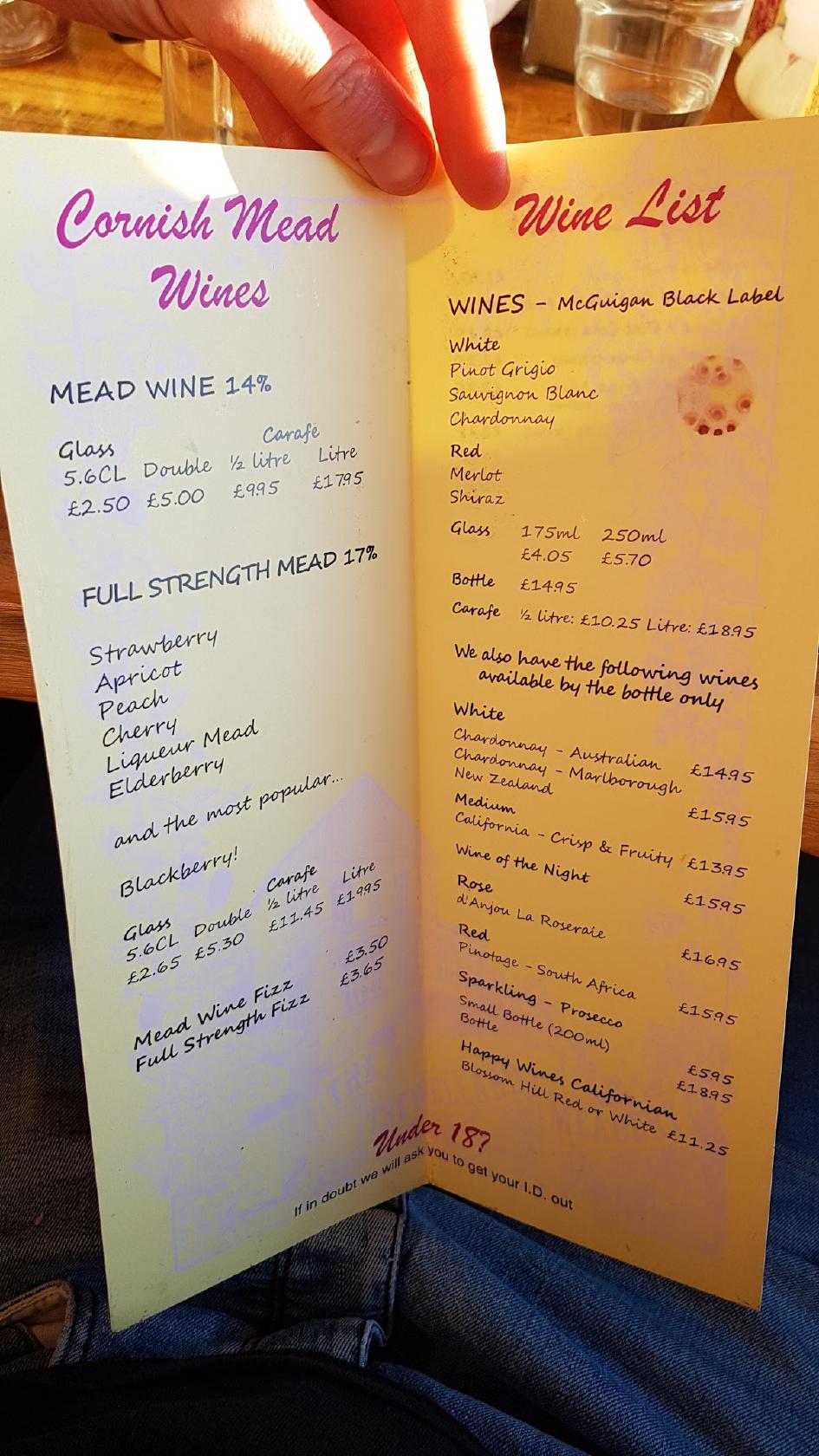 Menu at Trewellard Meadery restaurant, Pendeen