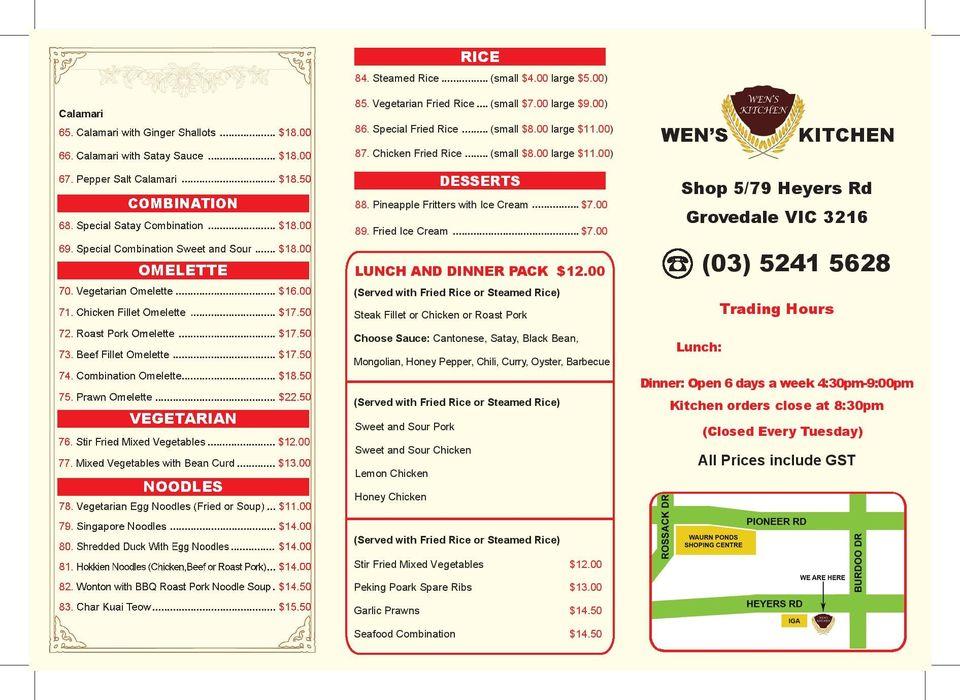 Menu at Wen's Kitchen restaurant, Grovedale