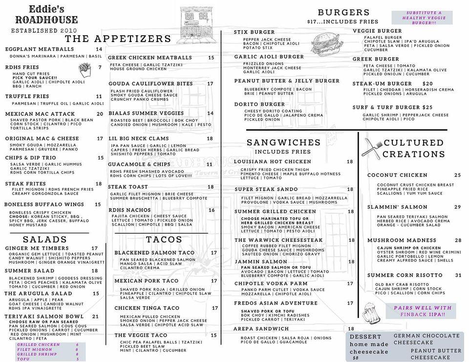 Menu at Eddie's Roadhouse restaurant, Warwick