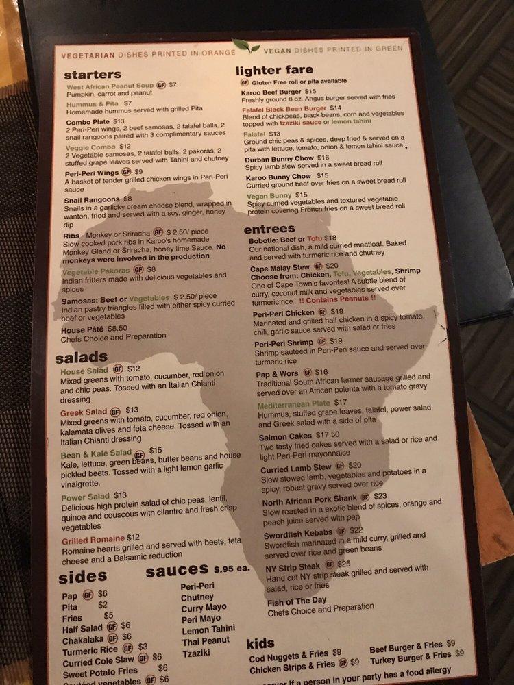 Menu at Karoo Restaurant, Eastham