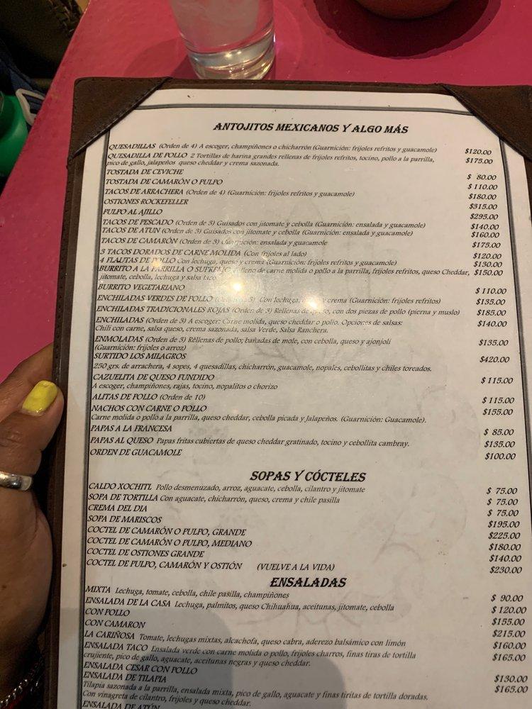 Menu at Los Milagros restaurant, San Miguel de Allende, Relox 17