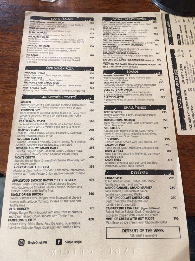 Carta del café Single Origin - Rockwell, Makati, 28 Amorsolo Dr