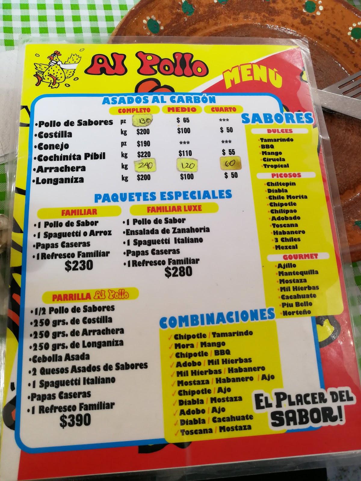 Menu at Al Pollo restaurant, Apizaco, Blvrd Lardizábal 1310