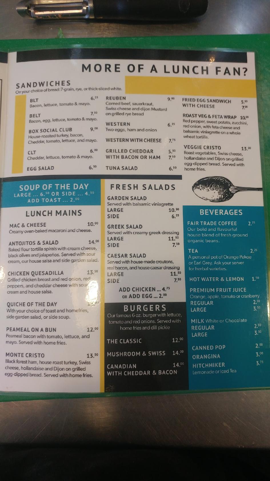 Menu at Box Social restaurant, Elora
