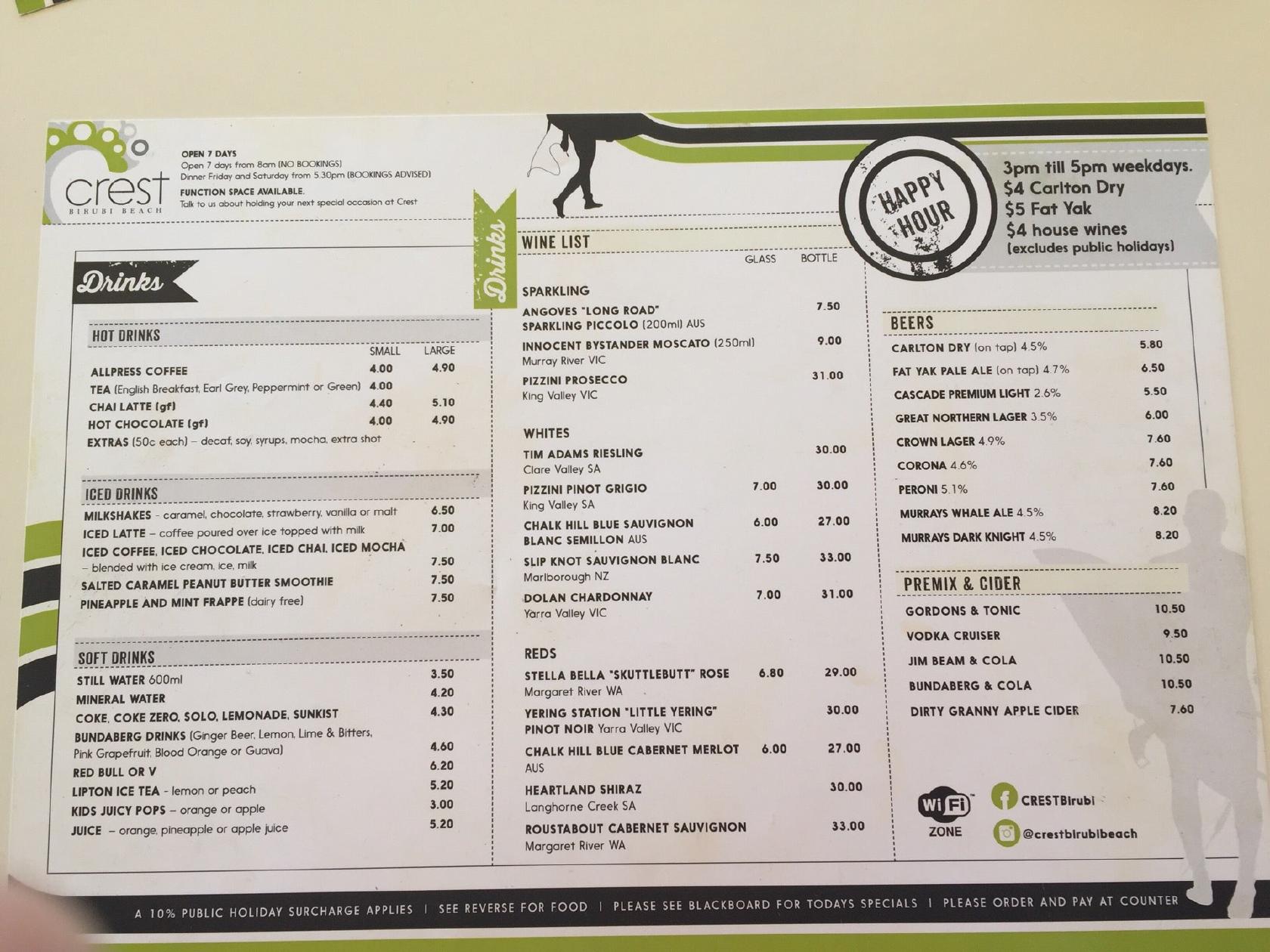 Menu at Crest Birubi Beach restaurant, Anna Bay