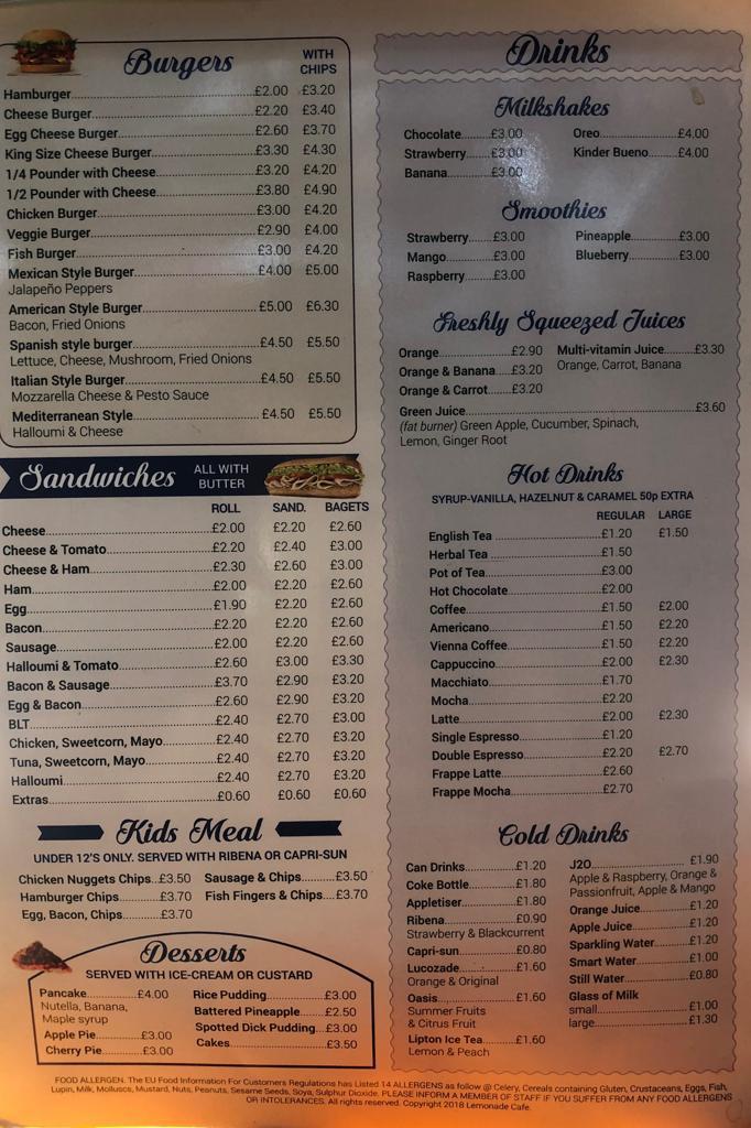 Menu at Lemonade Cafe Leyton, London