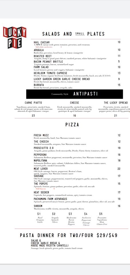 Menu at Lucky Pie Pizza & Taphouse pizzeria, Louisville, 637 Front St