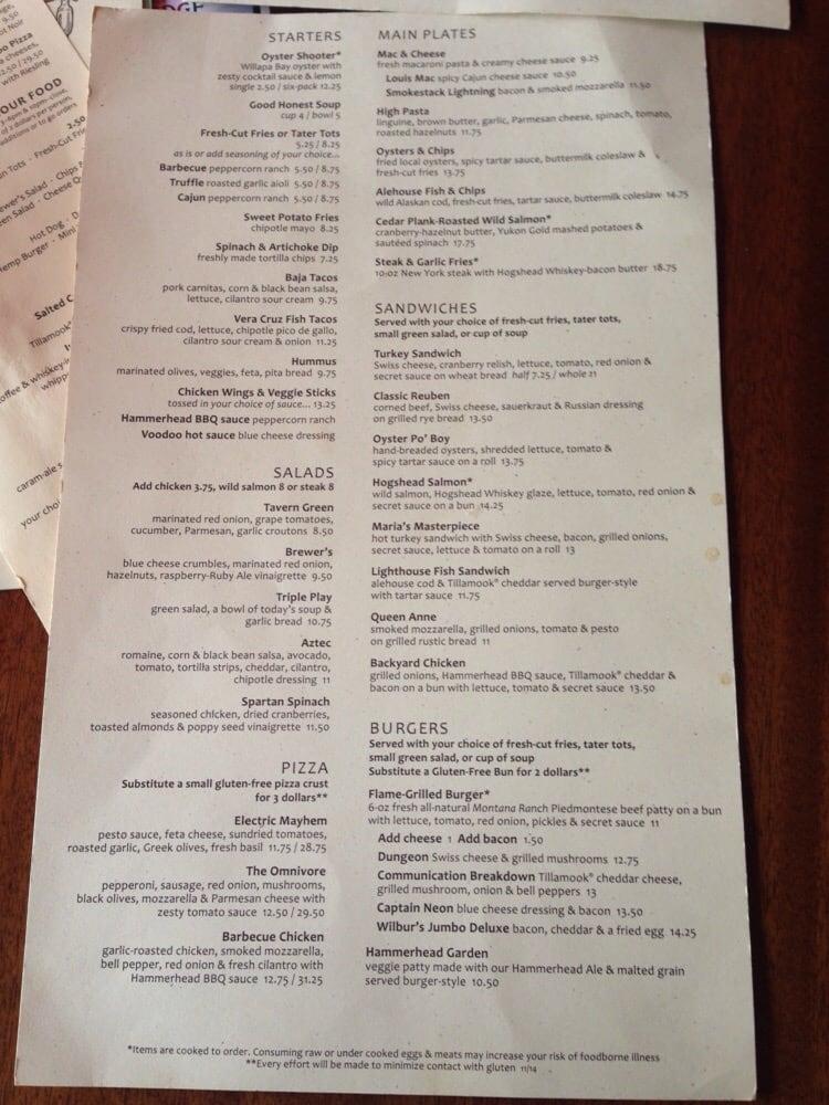 Menu at McMenamins Spar Café pub & bar, Olympia