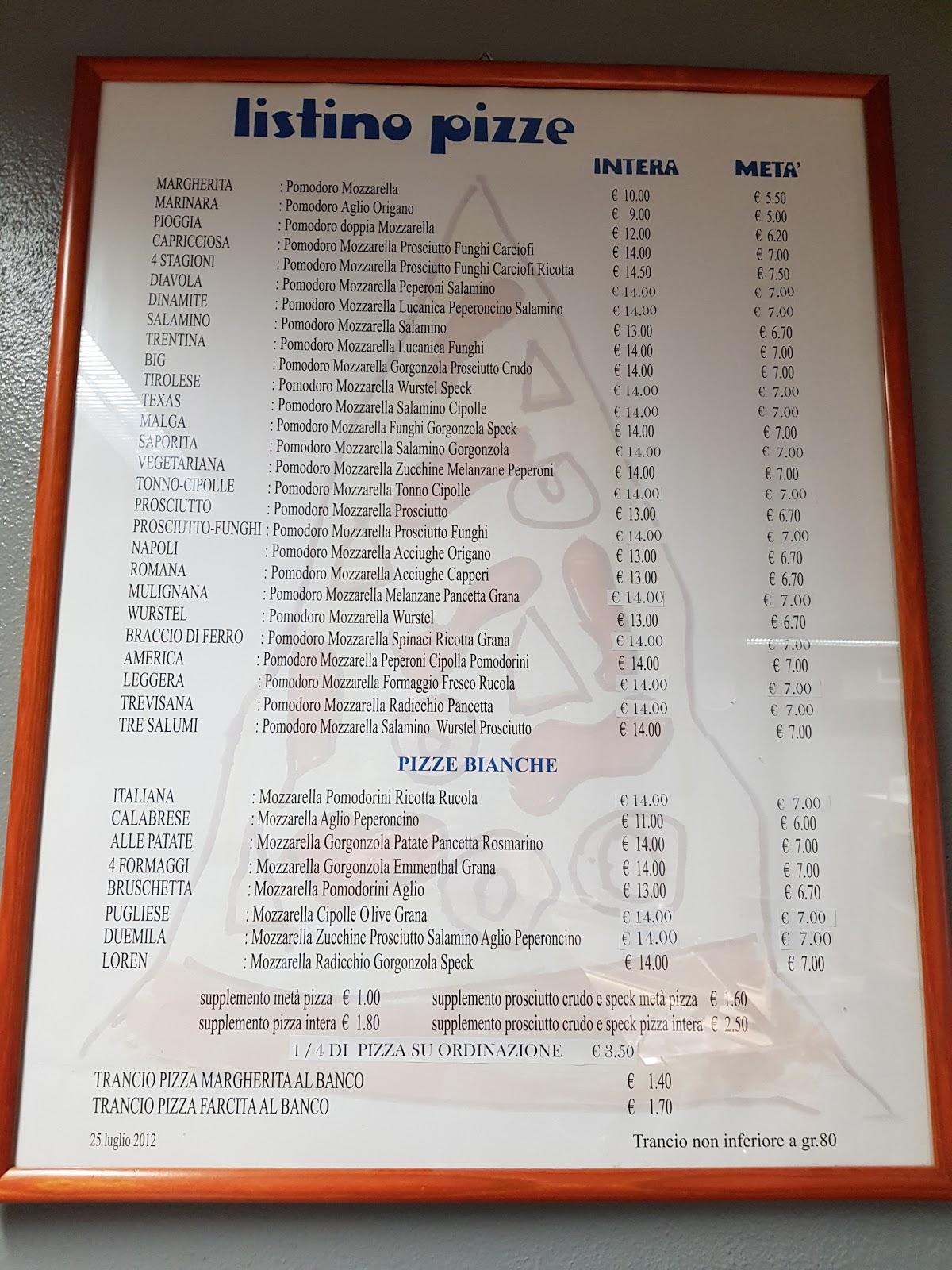 Menu da Pizzeria Lo Sfizio, Trento