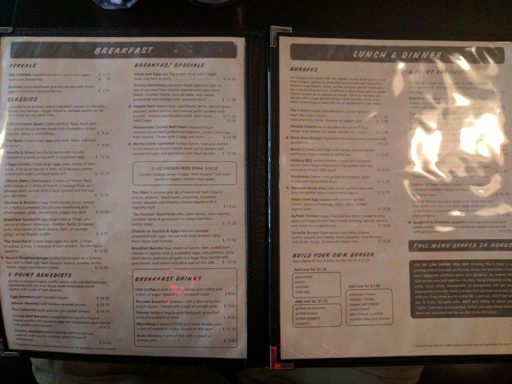 Menu at The 5 Point Cafe 24 Hour Legendary Dive Bar & Diner, Seattle