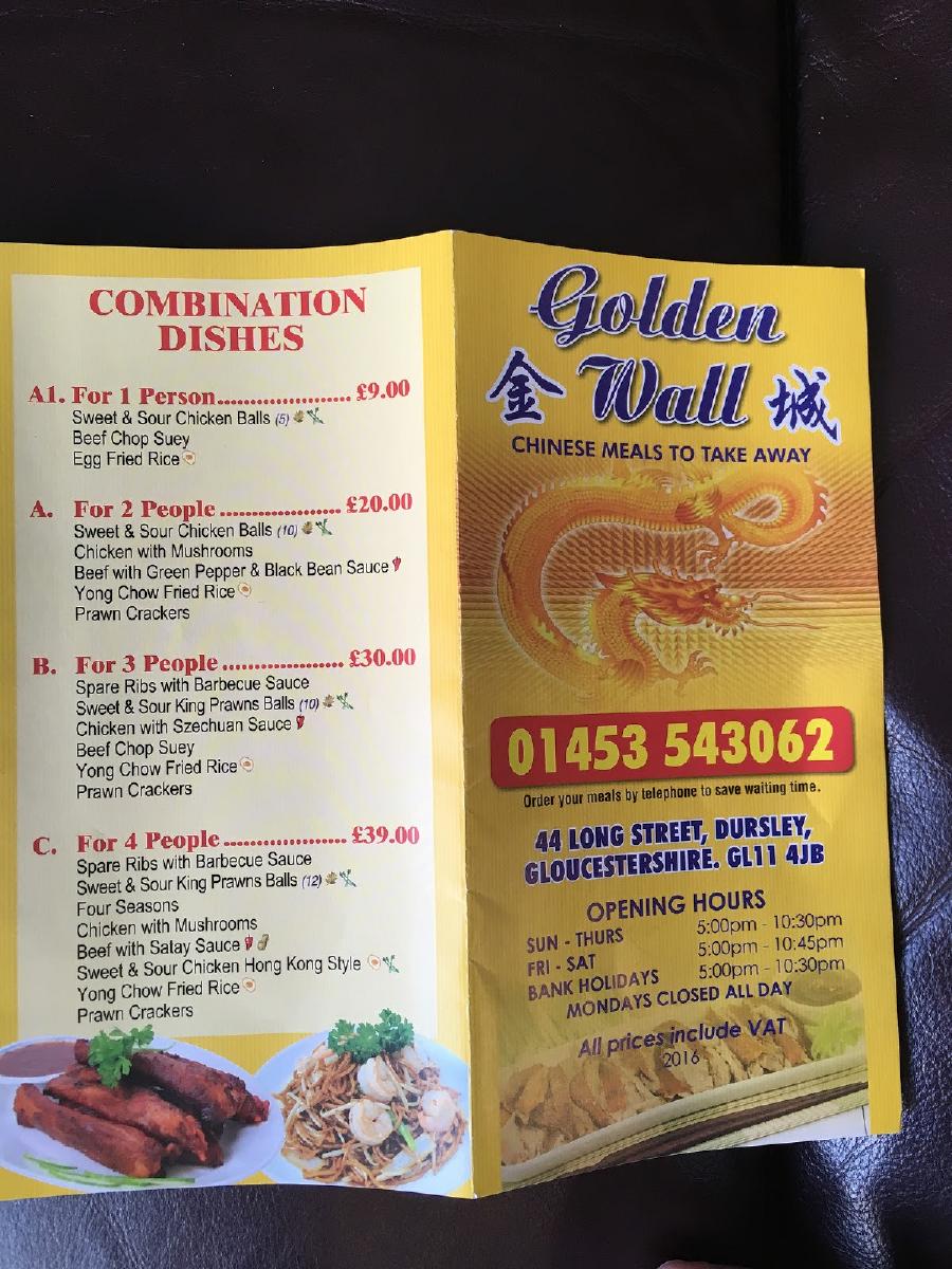 Menu at The Golden Wall fast food, Dursley