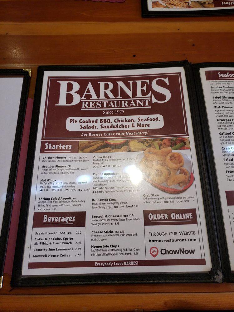 Menu at Barnes Restaurant, Savannah, Waters Ave