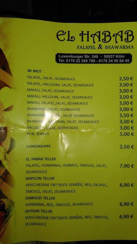 Menu at EL HABAB restaurant, Cologne, Luxemburger Str. 246