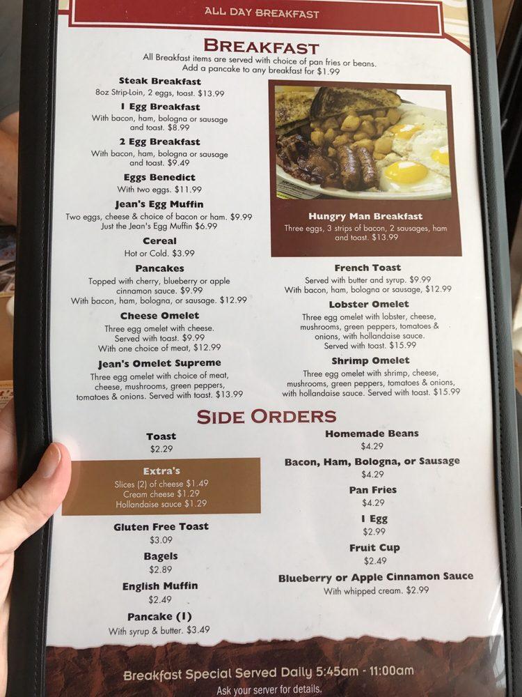 Menu at Jean's restaurant, Moncton, Mountain Rd