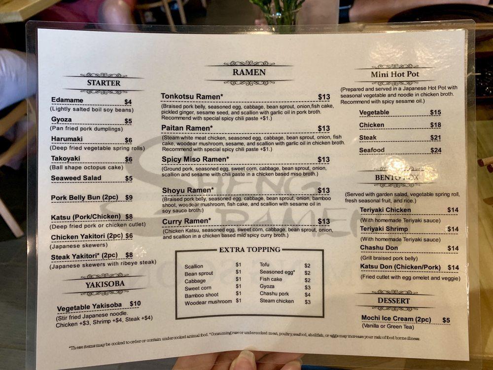 Menu at Sheng Ramen Ballantyne restaurant, Charlotte