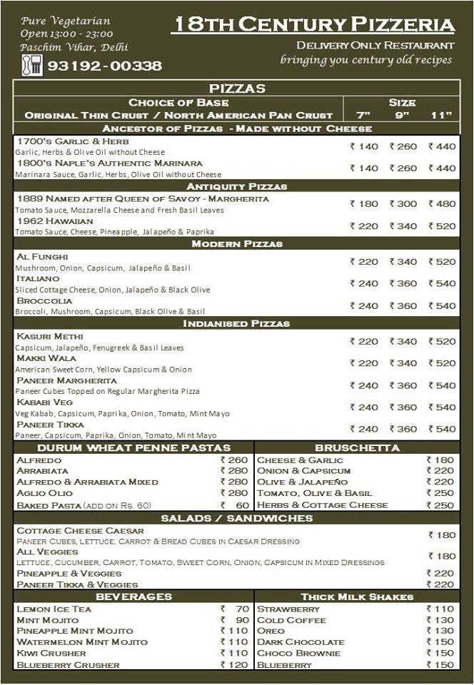 Menu at 18th Century Pizzeria, Delhi