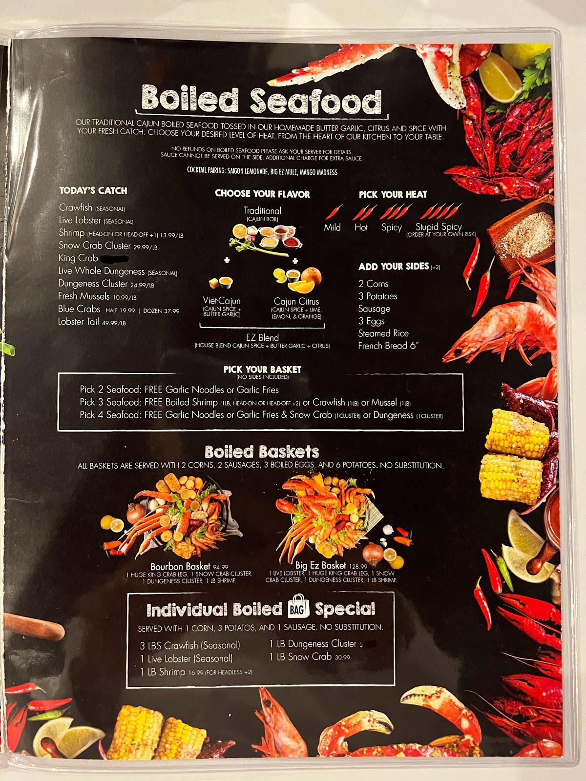 Menu at Big EZ Seafood and Oyster restaurant, Kenner, 25th St