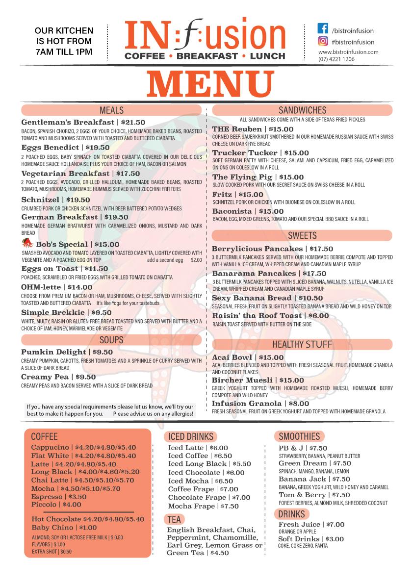 Menu at Bistro Infusion cafe, Cairns