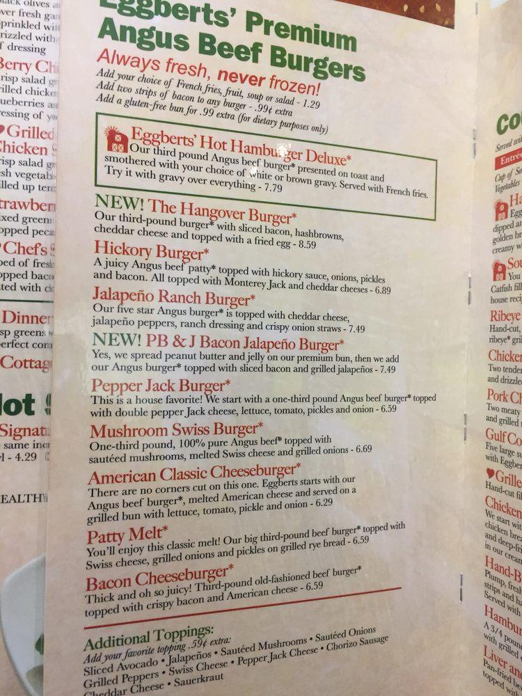 Menu at Eggbert's restaurant, Claremore, 900 S Lynn Riggs Blvd