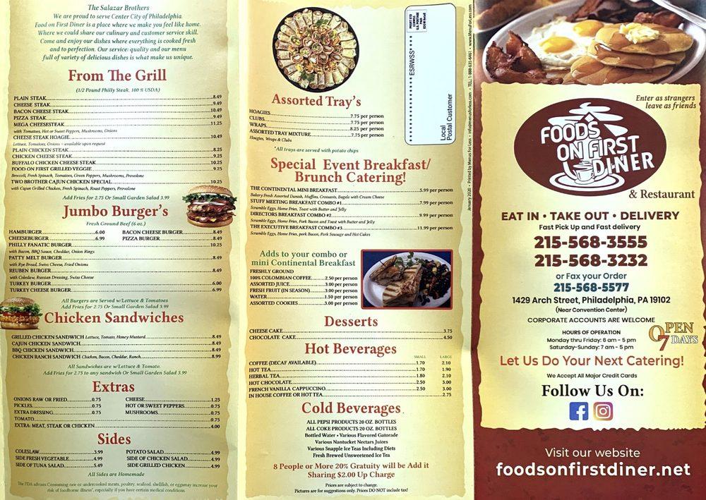Menu at Foods On First Diner restaurant, Philadelphia, Arch St