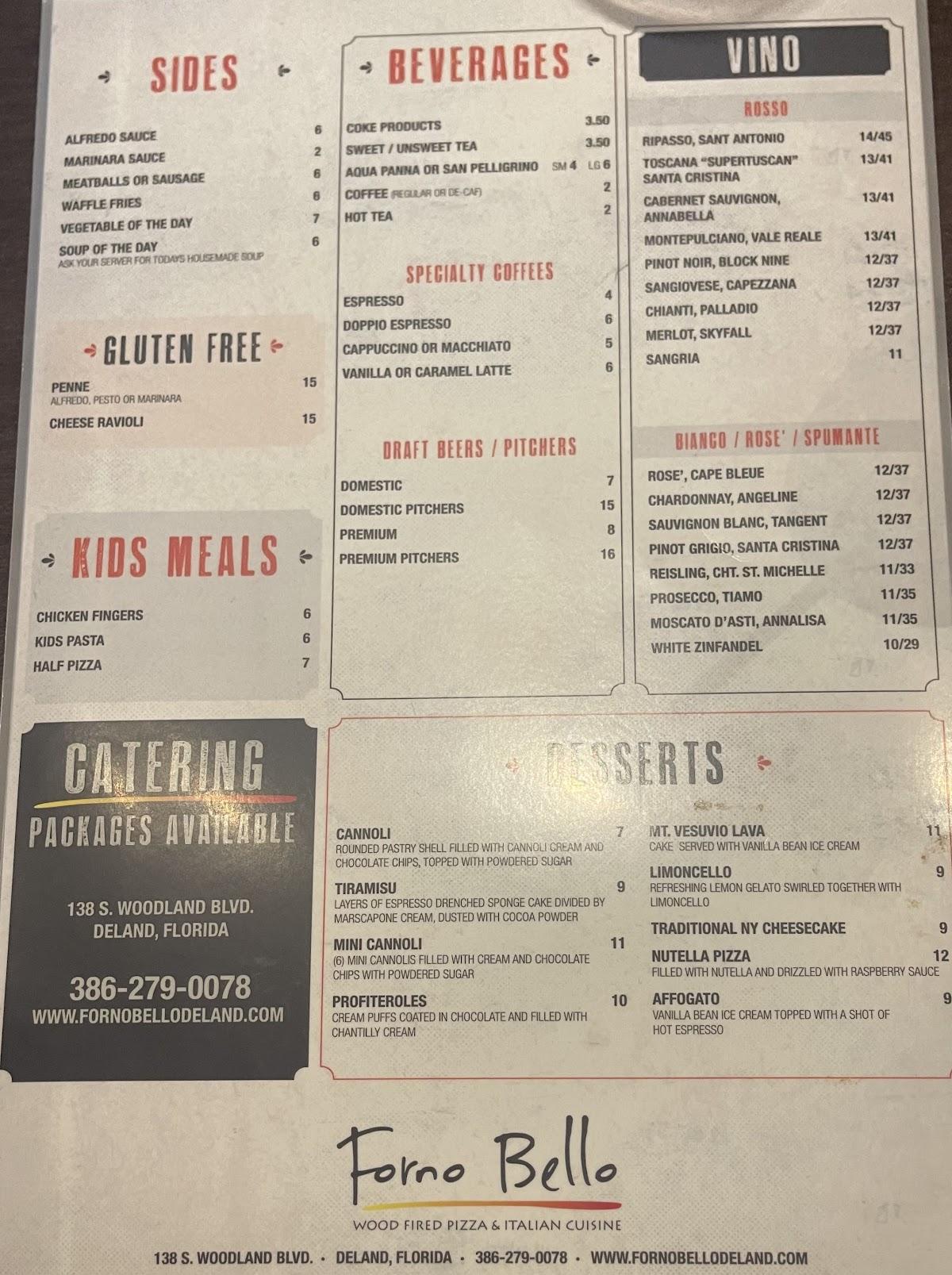 Menu at Forno Bello Wood Fired Pizza & Italian Cuisine pizzeria, DeLand