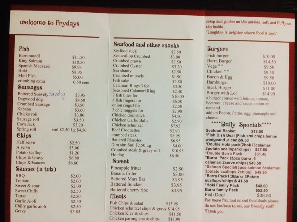 Menu at Frydays Fish Inn restaurant, Mount Isa