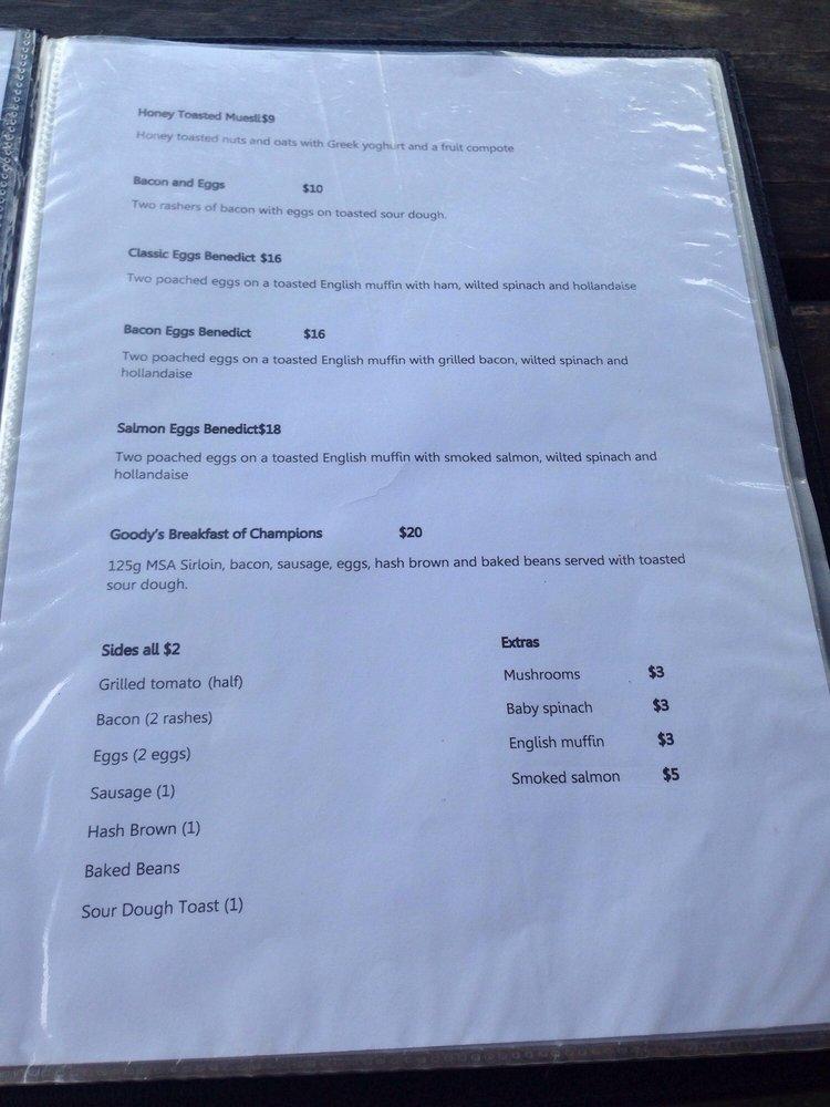 Menu at Goody's On The Beach restaurant, Toogoom