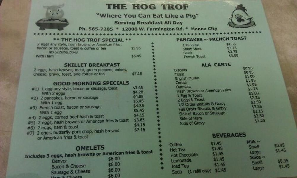 Menu at Hog Trof restaurant, Hanna City