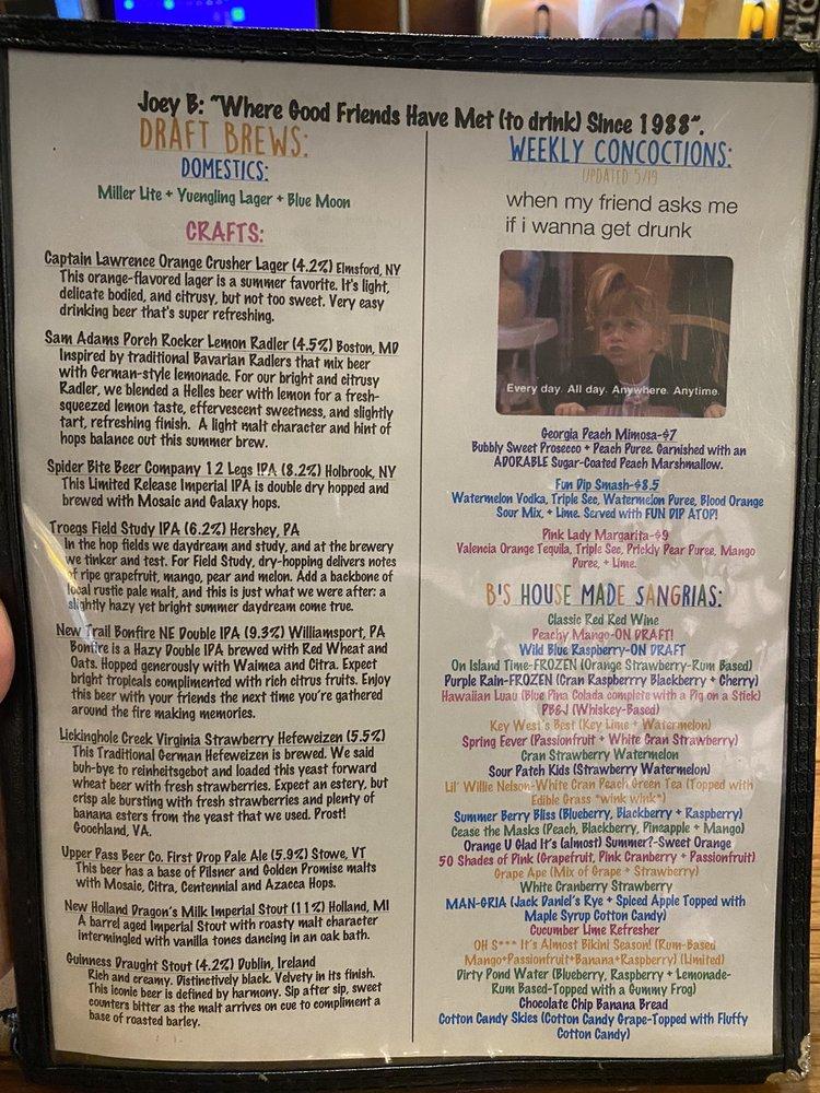 Menu at Joey B's pub & bar, Palmerton