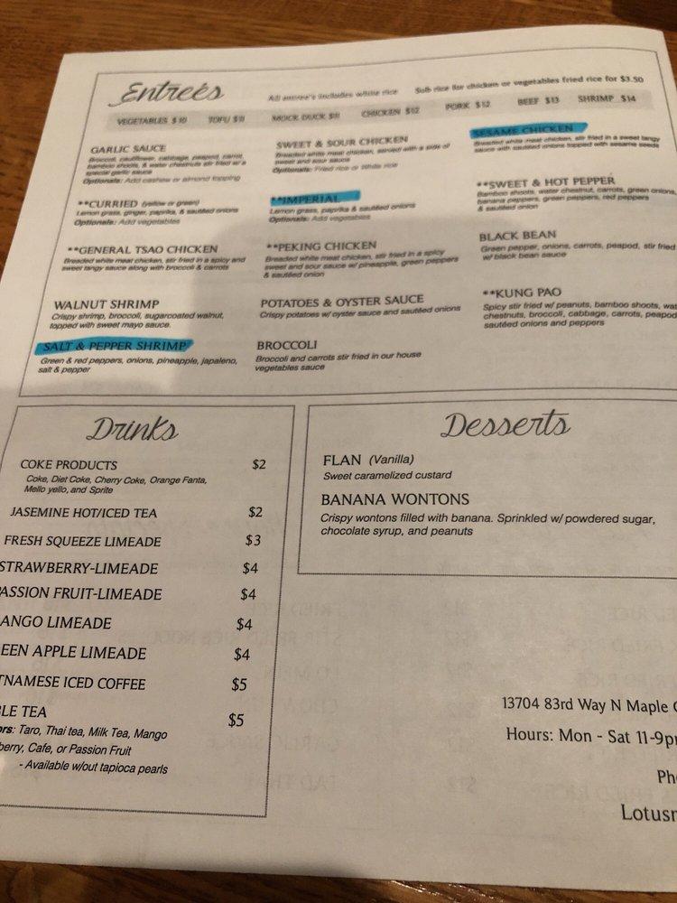 Menu at Lotus Maple Grove restaurant, Maple Grove