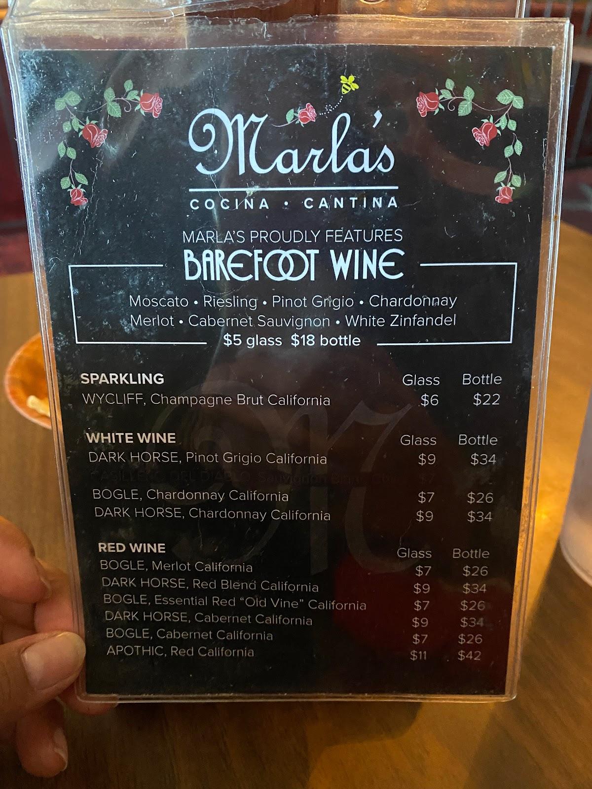 Menu at Marla's steakhouse, Beaumont