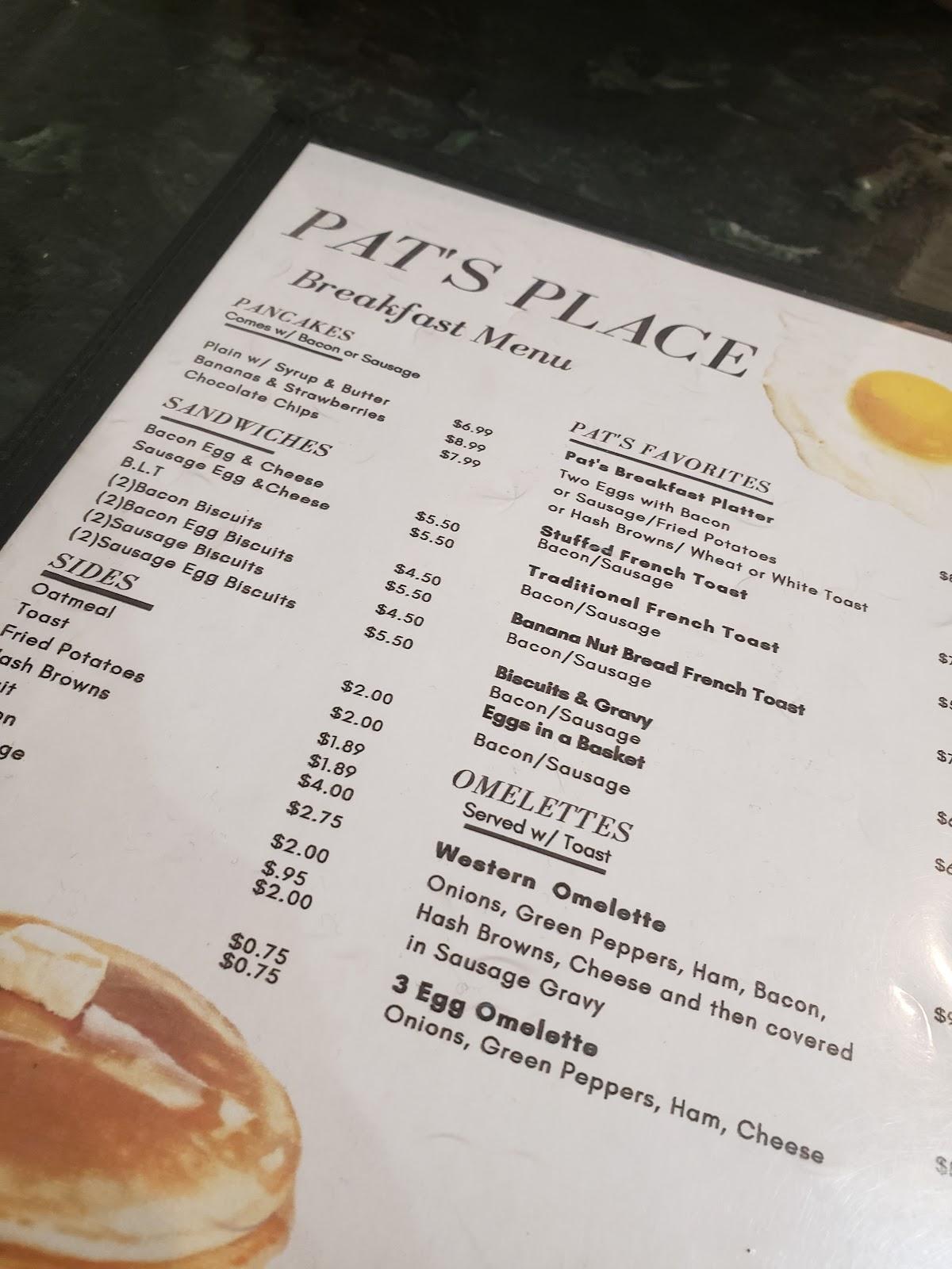 Menu at Pat's Place restaurant, Bardstown