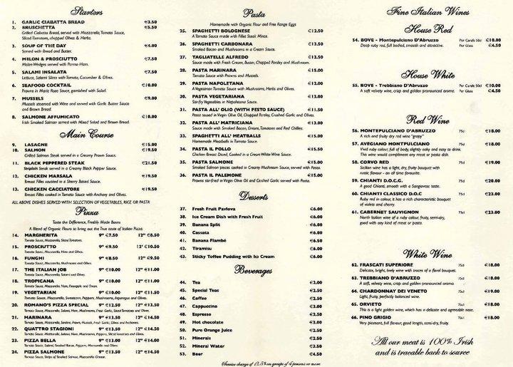 Menu at Ristorante Romano restaurant, Dublin