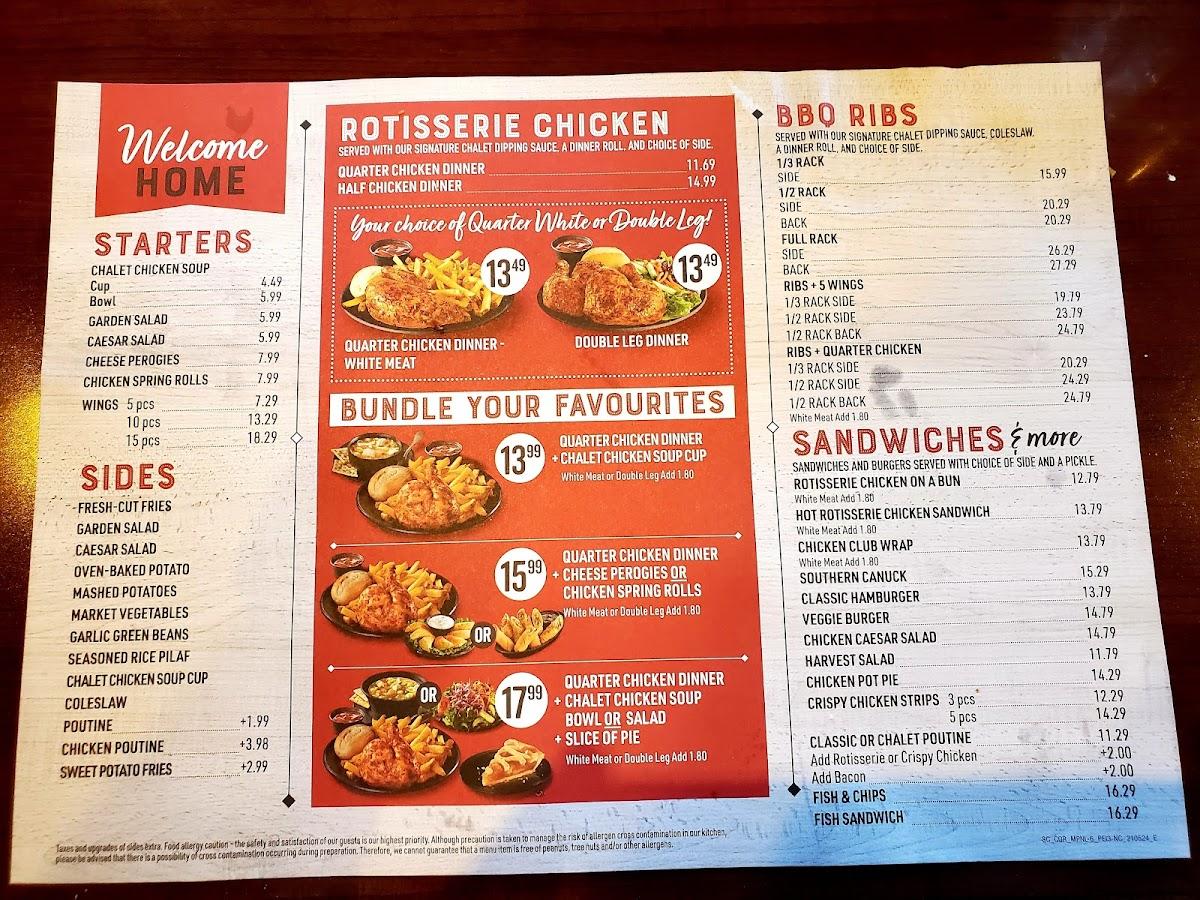 Menu at Swiss Chalet restaurant, Charlottetown