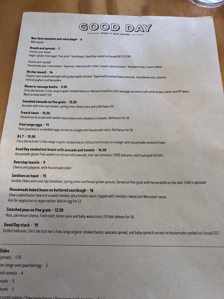 Menu at Good Day cafe, Auckland