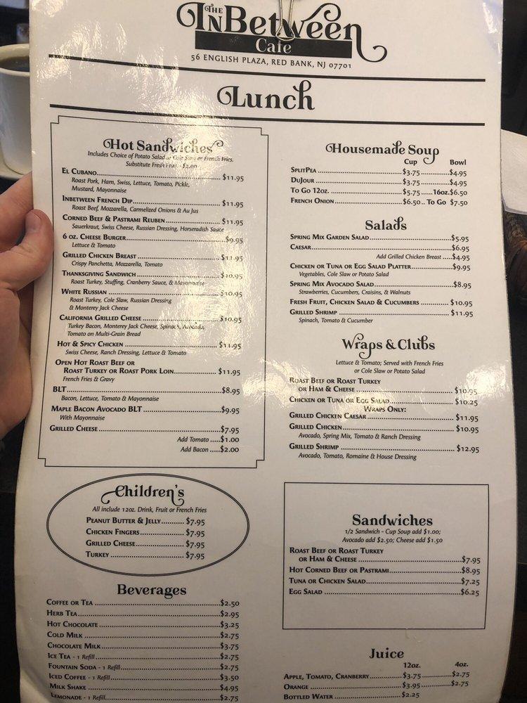 Menu at Inbetween Cafe, Red Bank