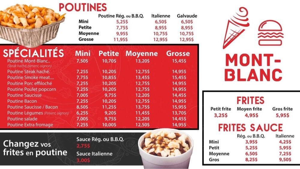 Menu au Le Mont Blanc restaurant, Disraeli