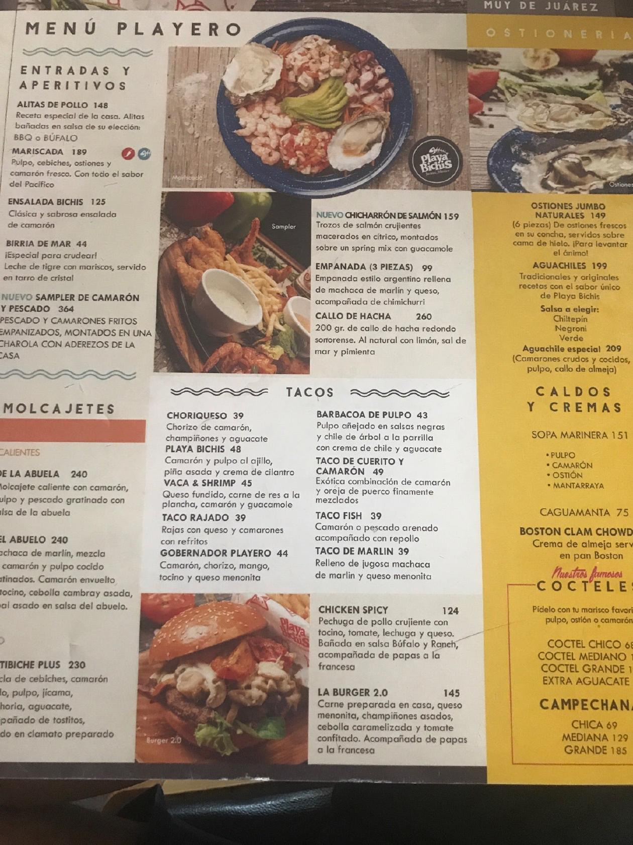 Carta del restaurante Los Bichis, Ciudad Juarez, Manuel Gómez Morin