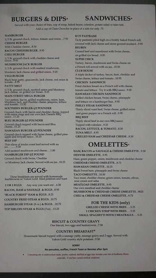 Menu at Main Street Grill restaurant, Centralia