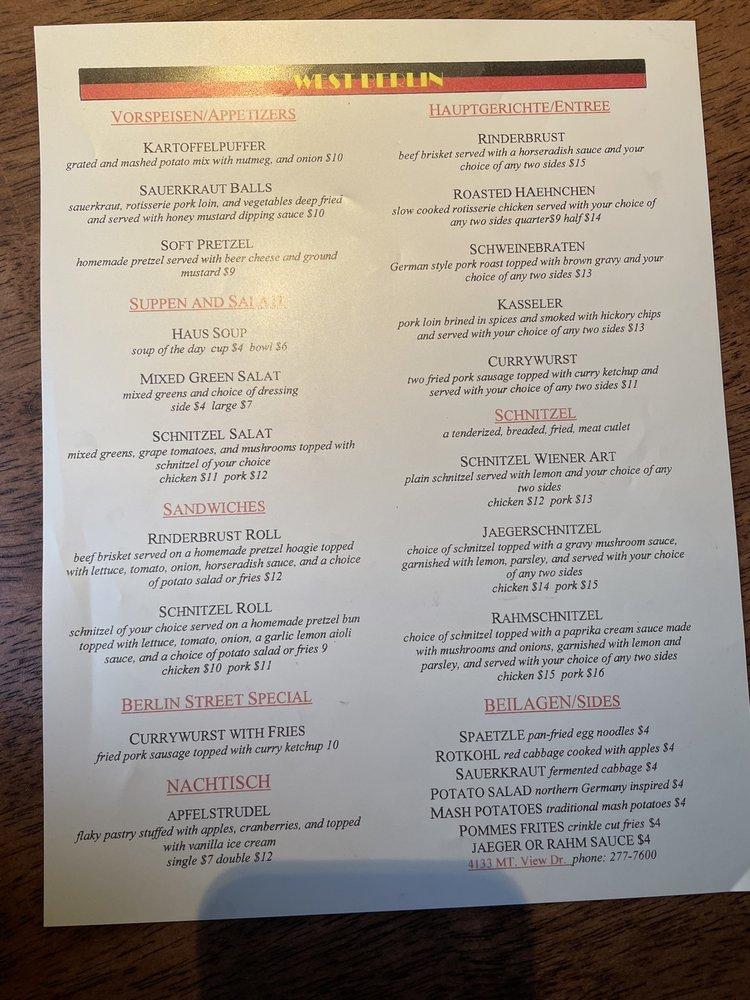 Menu at West Berlin restaurant, Anchorage