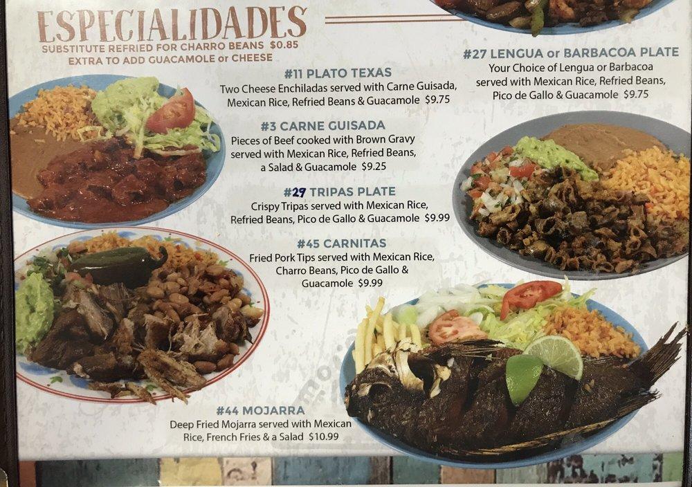 Menu at Arandas Taqueria restaurant, Slaton